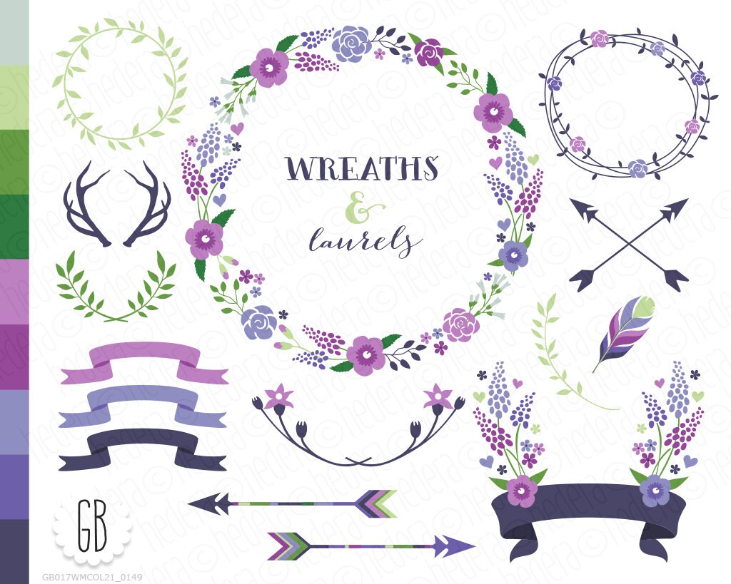 Floral Wreaths, Laurels, Ribbons, Clip Art, Vector, Muscari, Purple ...