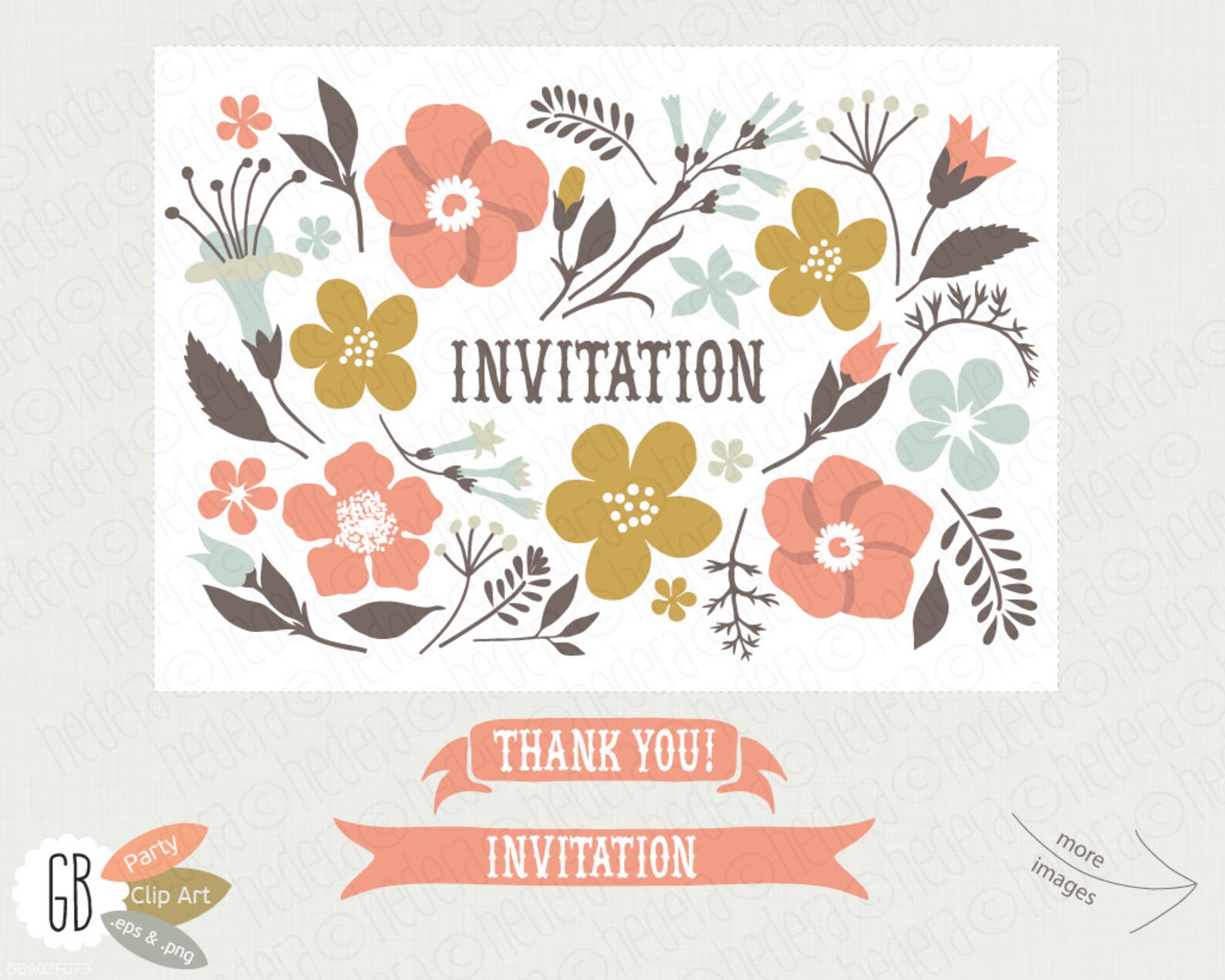 Folk Invitation Clip Art Kit Flowers Ribbon Vector Card | Etsy
