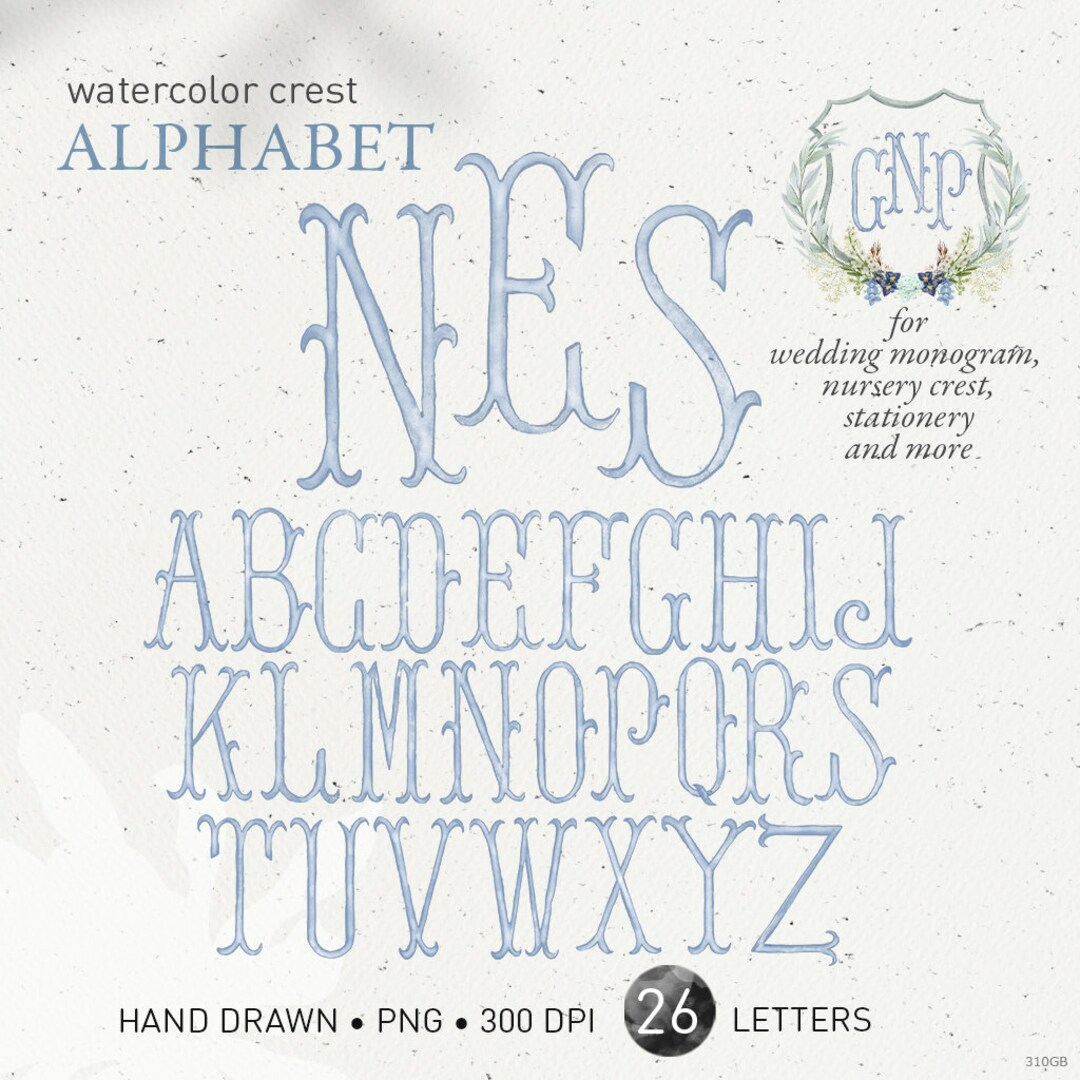 Wedding Crest Letters, Monogram Watercolor Alphabet, Vintage Dusty ...