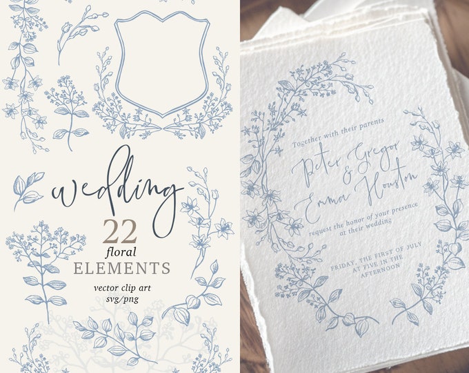 Floral Wedding Clip Art. Invitation Vector Svg Blue Elements. Rustic ...