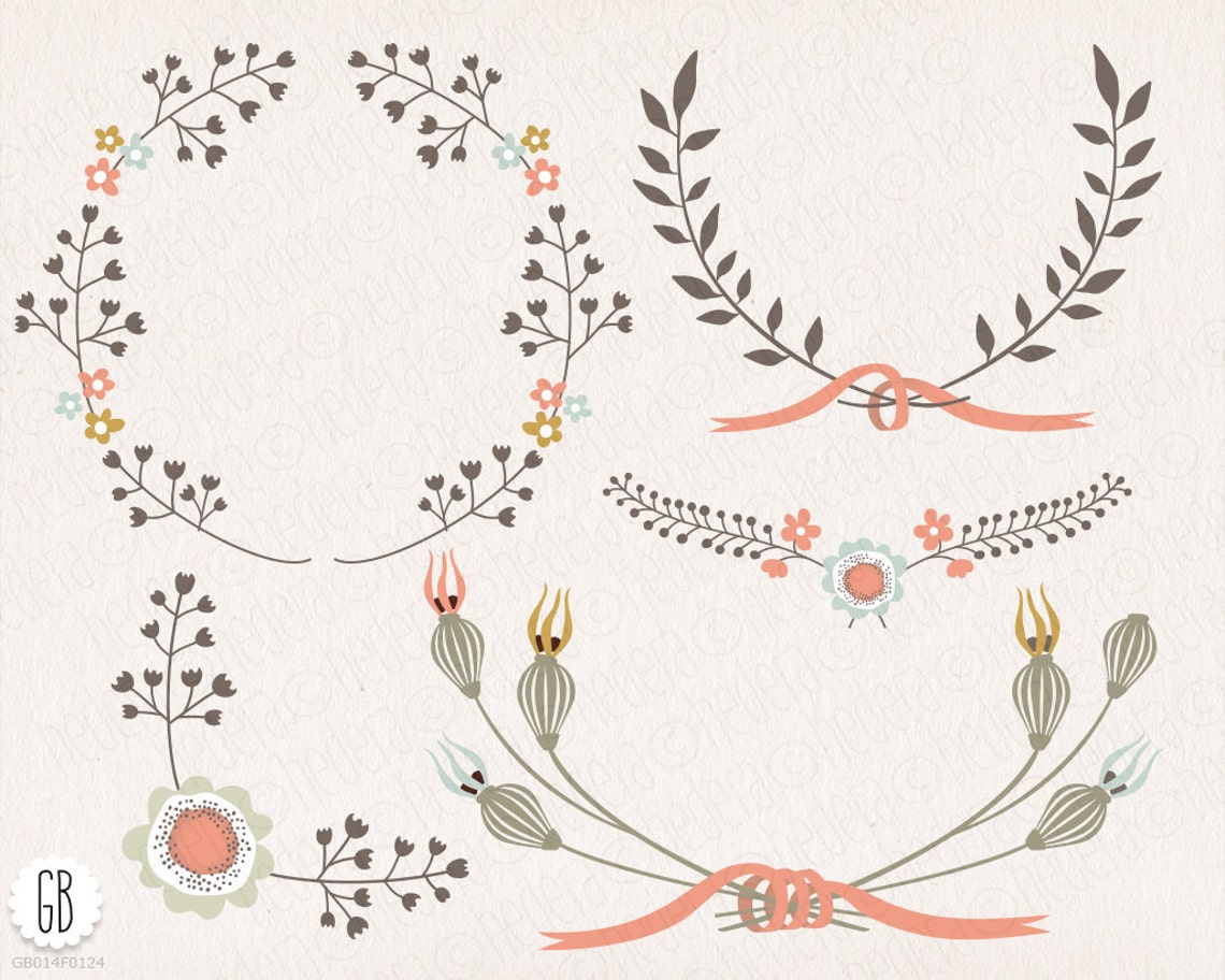 Floral Wreaths Laurels Ribbons Clip Art Vector Folk - Etsy