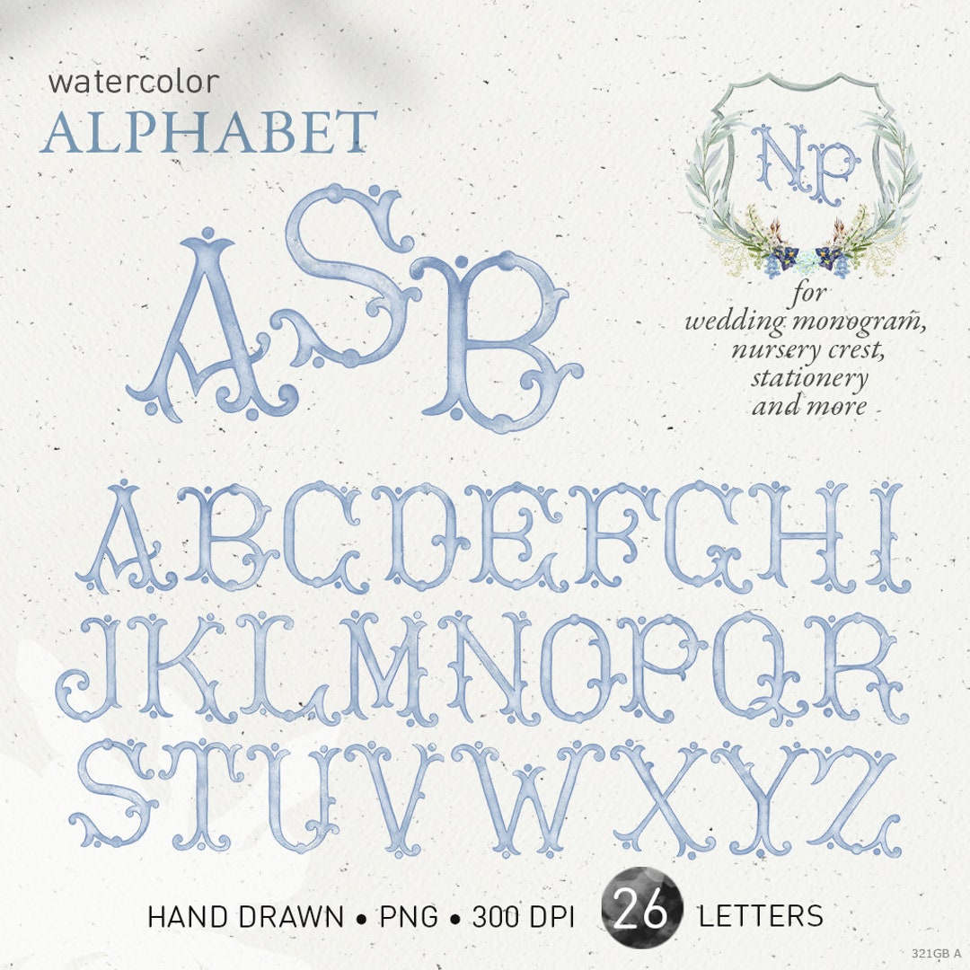 Wedding Crest Letters, Monogram Watercolor Alphabet, Vintage Blue DIY ...