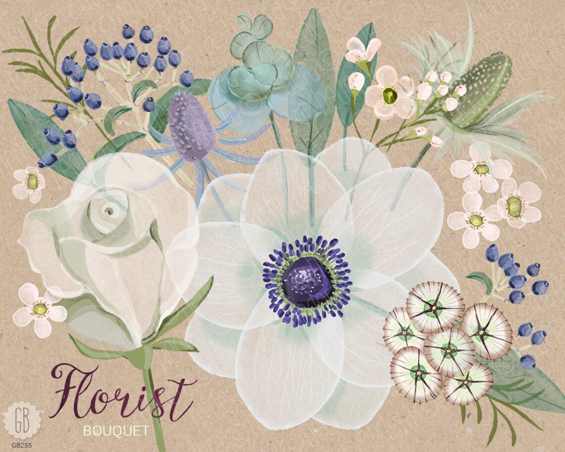 Watercolor Florist Bouquet Anemone Cream Rose Eucalyptus - Etsy