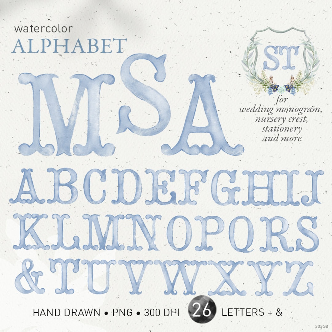 Wedding Monogram Letters, Crest Watercolor Alphabet, Vintage Dusty ...