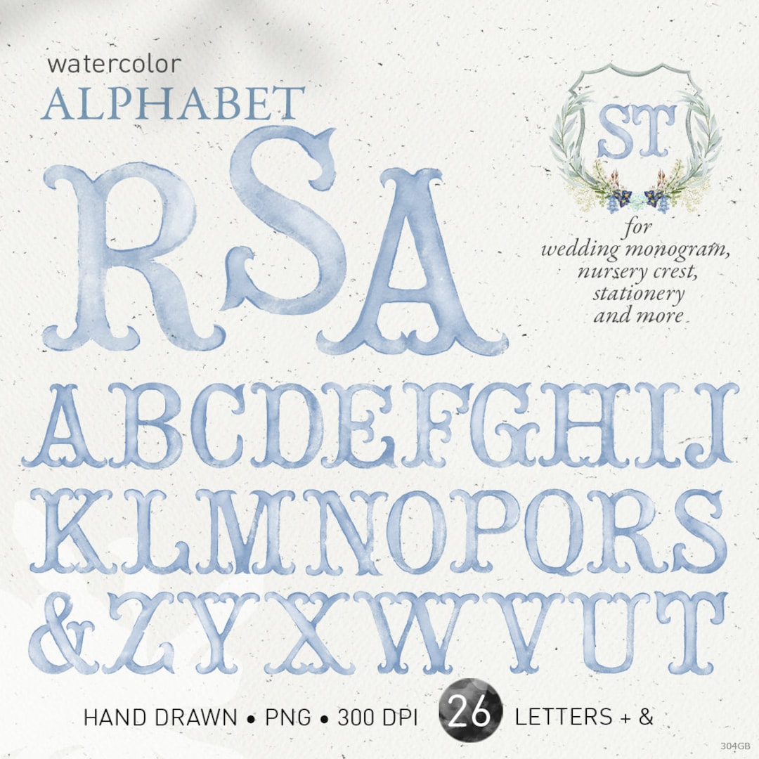 Wedding Monogram Letters, Crest Watercolor Alphabet, Vintage Dusty ...