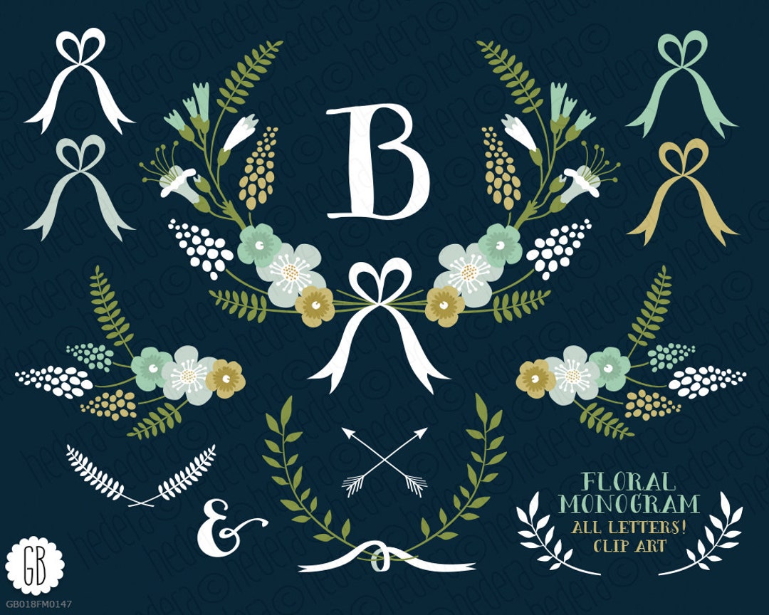 Floral Wreaths, Monogram, Laurels, Ribbons, Clip Art, Vector, Muscari ...