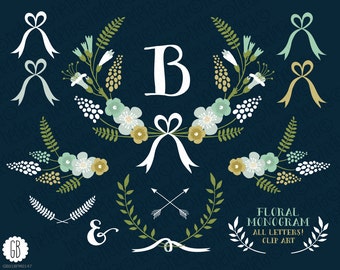 Floral Wreaths Monogram Laurels Ribbons Clip Art Vector | Etsy