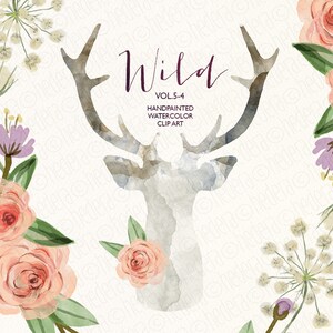 Watercolor Flowers, Deer, Green Wedding Bouquet, Pink Roses, Tribal ...