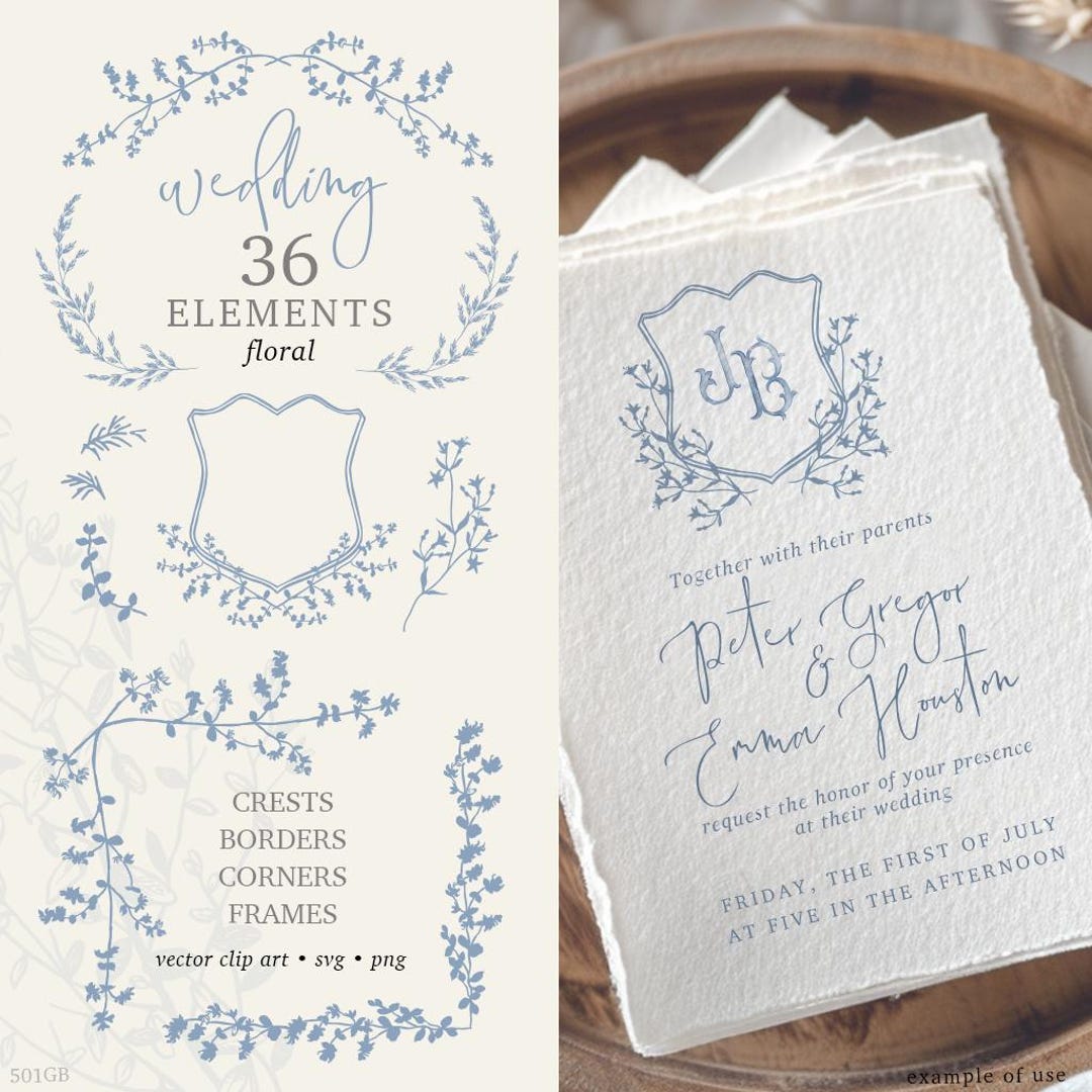 Floral Wedding Clip Art. Invitation Vector Svg Blue Elements. Rustic ...