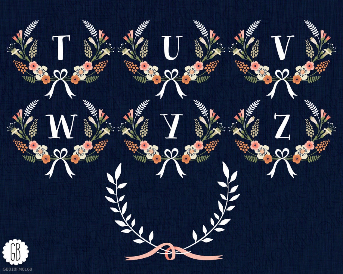 Floral Wreaths Monogram Laurels Ribbons Clip Art Vector | Etsy