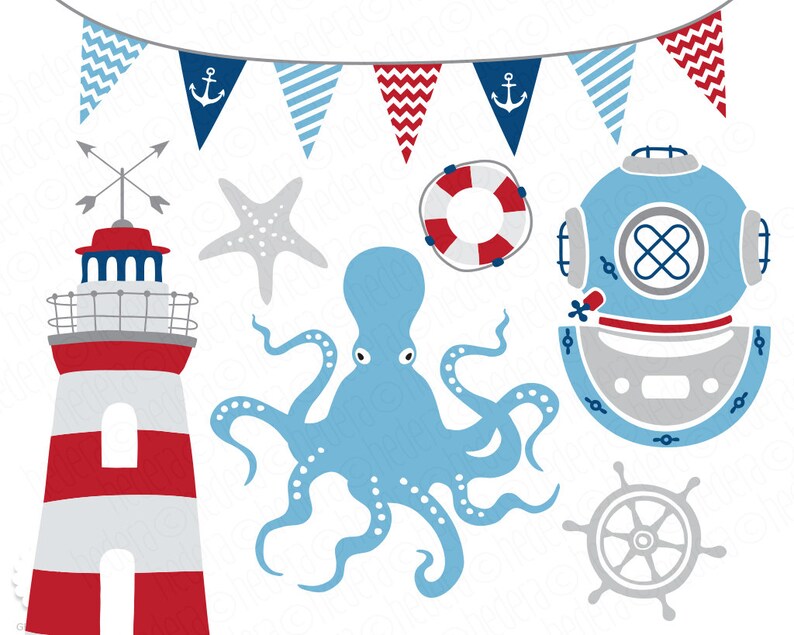 Nautical Vector Clip Art Lighthouse Octopus Coral | Etsy