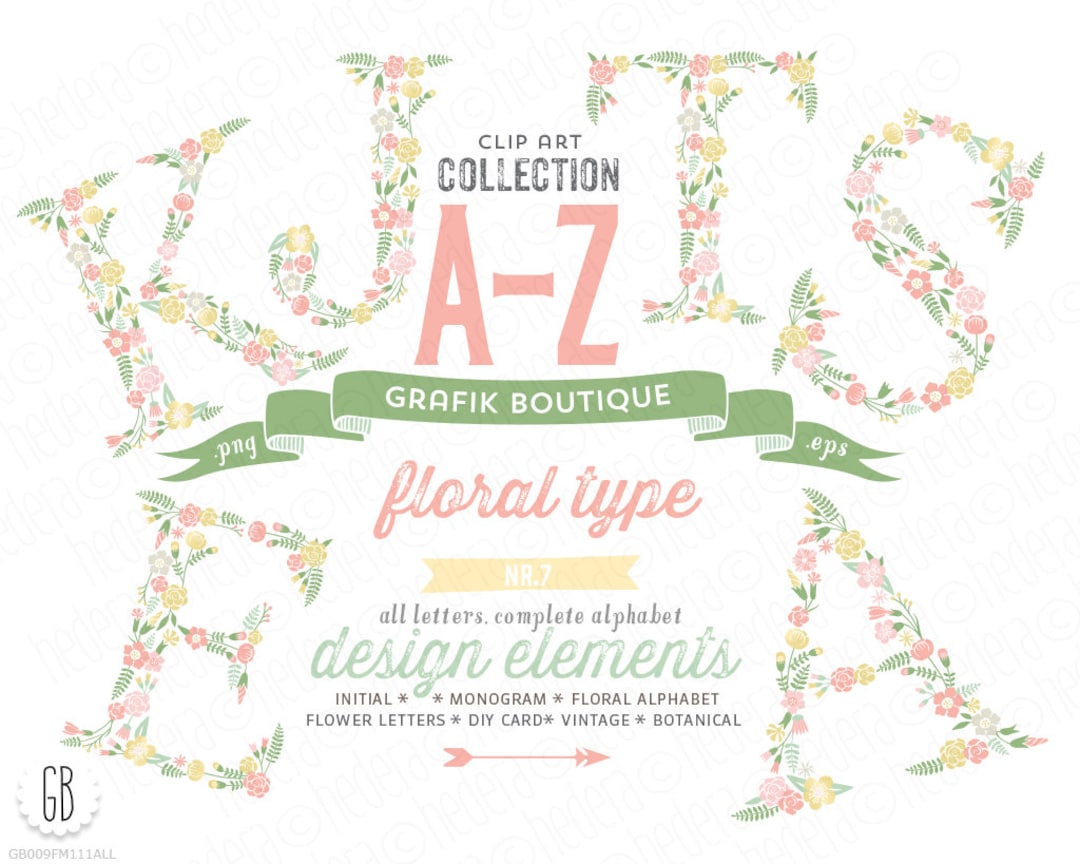 COMPLETE Floral Alphabet, Clip Art, Baby Girl Monogram, Flower Initial ...