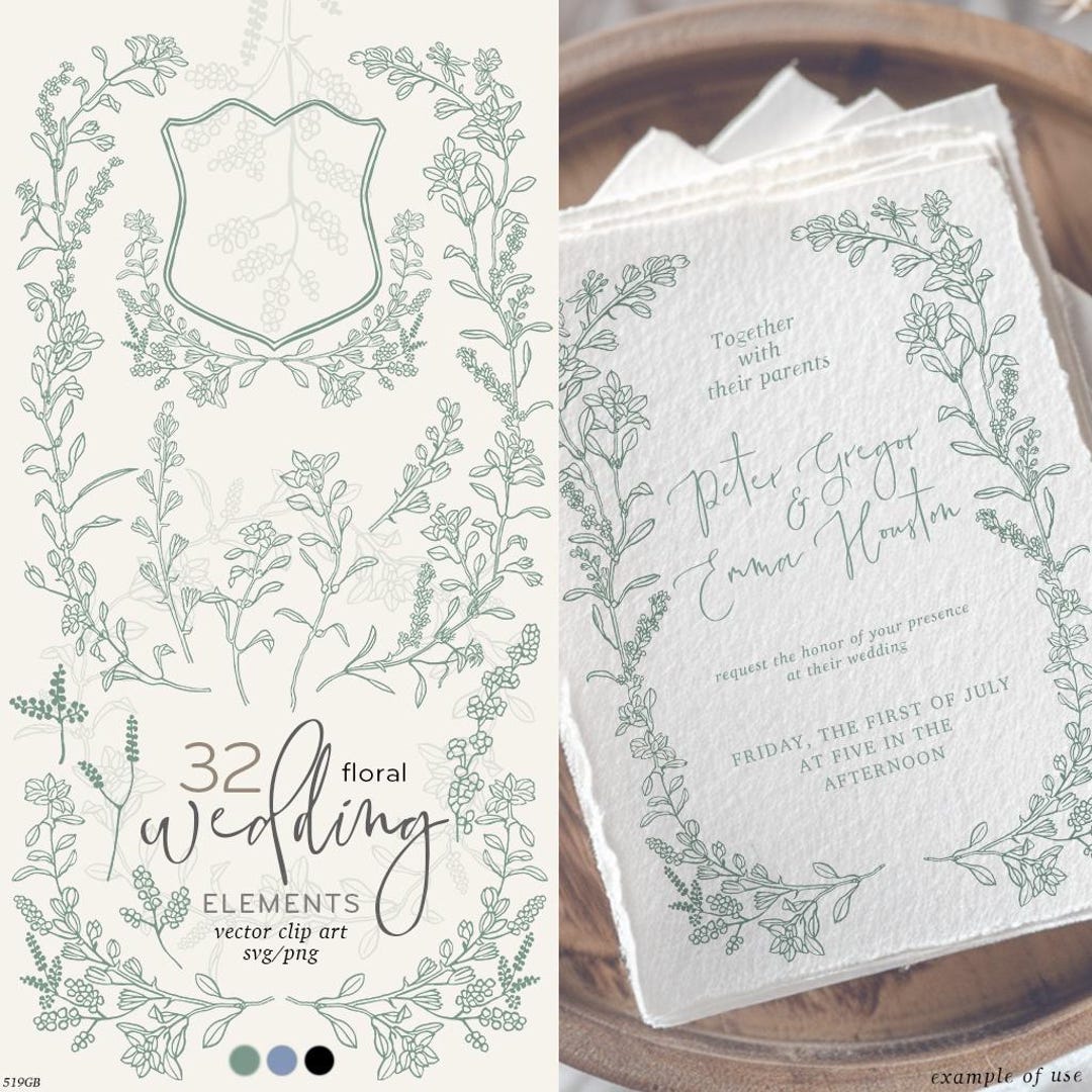 Canva Wedding Invitation Clip Art. Floral Uploads. Letterpress ...