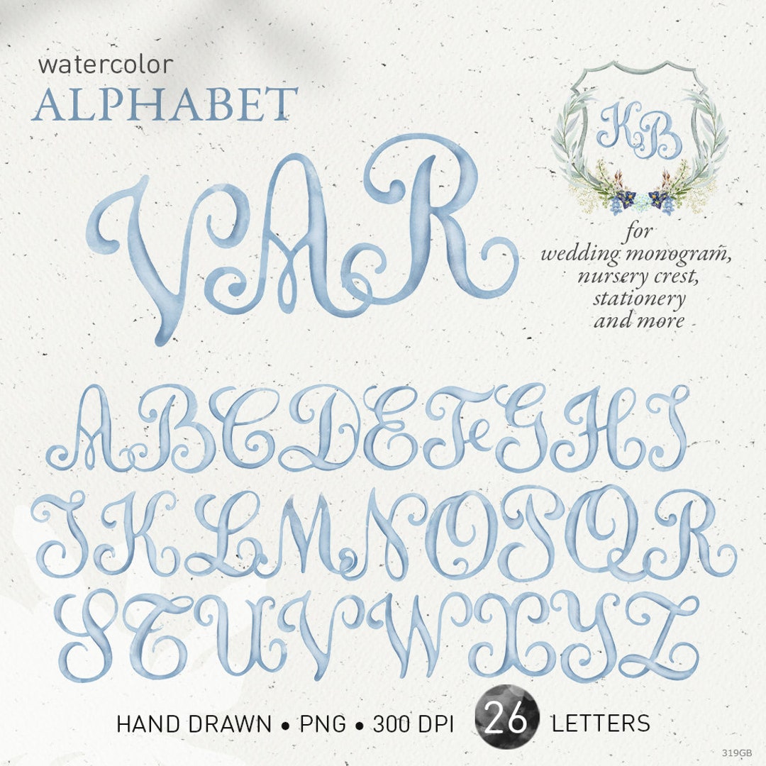 Wedding Crest Letters, Monogram Watercolor Script Alphabet, Handpainted ...