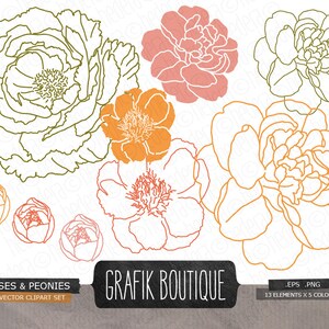 Flowers Roses Peonies Digital Vector Clip Art, Wedding, Save the Date ...