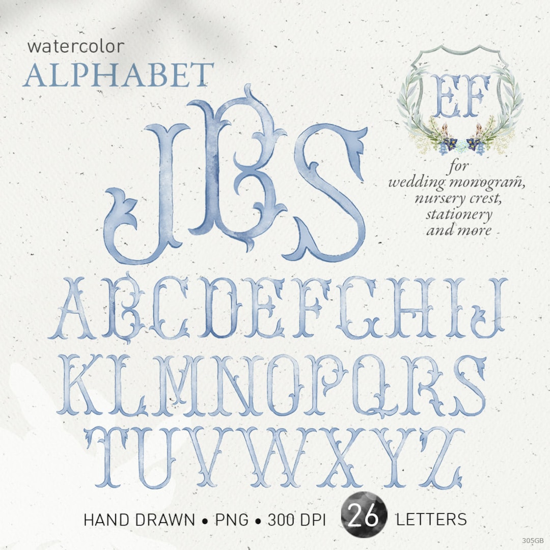 Wedding Monogram Letters, Crest Watercolor Alphabet, Vintage Dusty ...