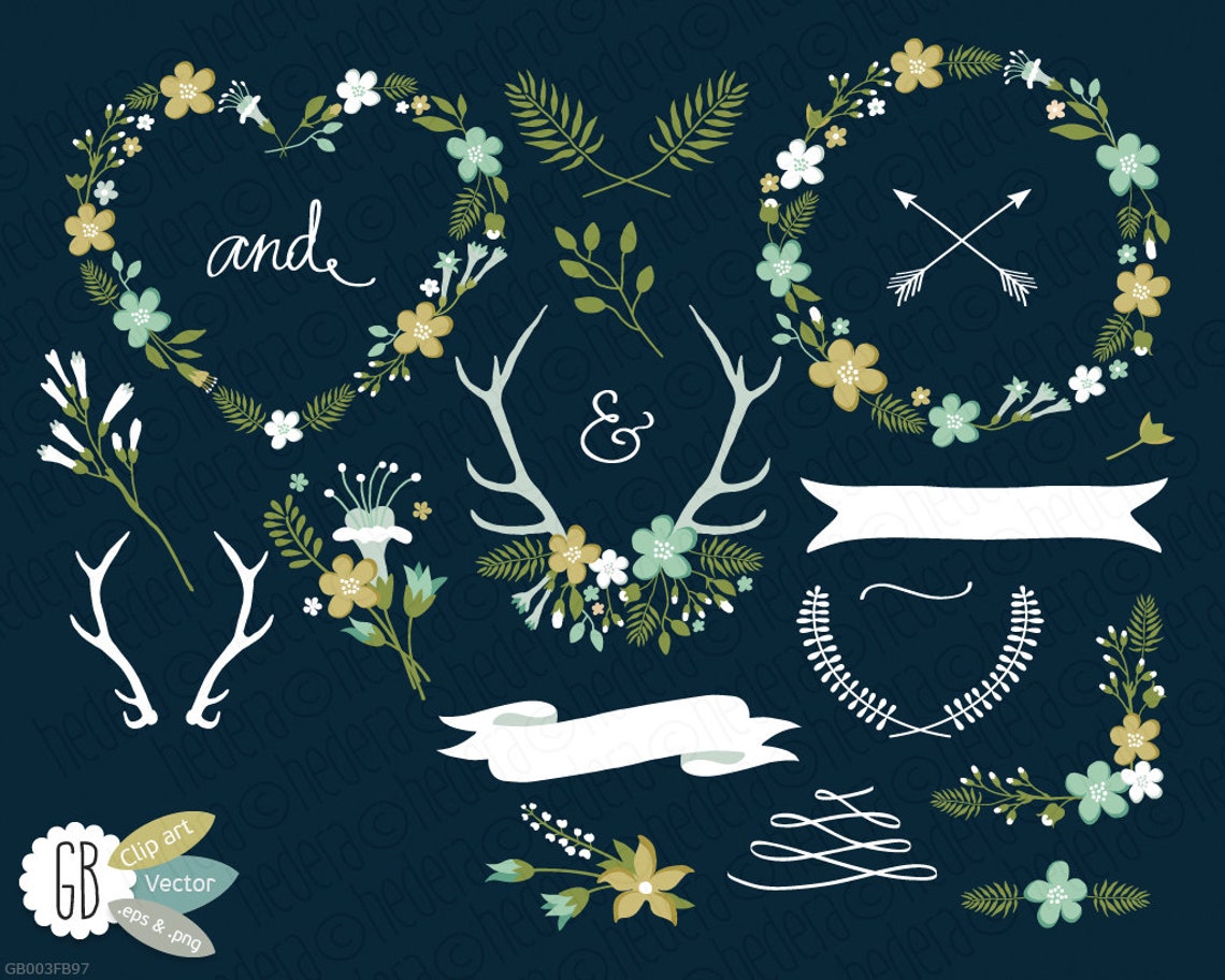 Folk Flower Wreaths Clip Art Antlers Arrows Vector - Etsy