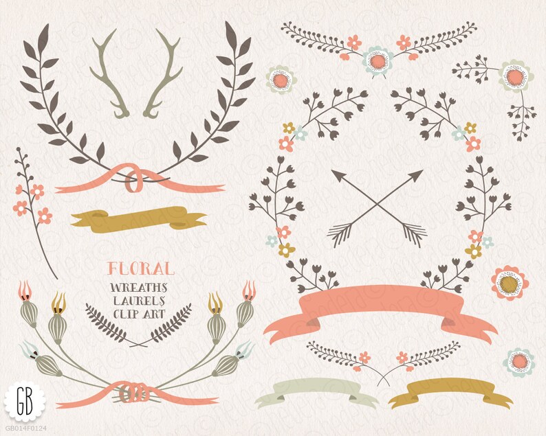 Floral Wreaths Laurels Ribbons Clip Art Vector Folk - Etsy