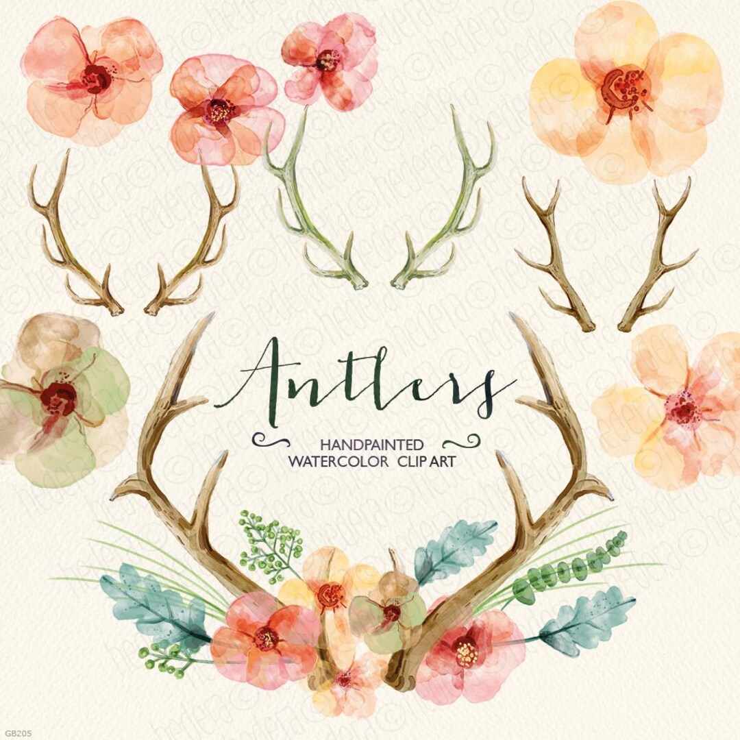 Watercolor Flowers, Hand Painted Antlers, Wedding Flowers, Deer Florals ...