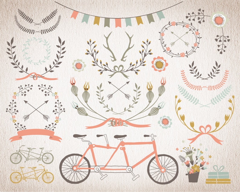 GRAPHIC BUNDLE Hand Drawn Clip Art Tandem Bicycle Flowers - Etsy