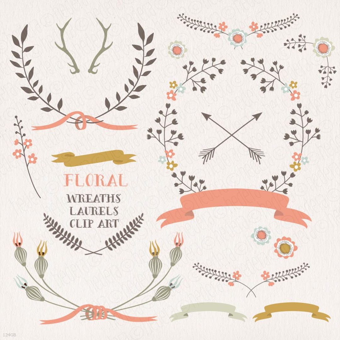 Floral Wreaths, Laurels, Ribbons, Clip Art, Vector, Folk Flowers ...