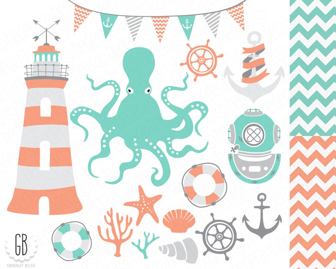 Nautical Vector Clip Art, Lighthouse, Octopus, Coral, Starfish, Diving ...