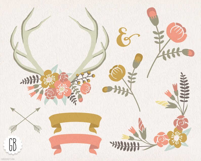 Floral Wreaths Heart Antlers Pastel Color Clip Art Vector - Etsy