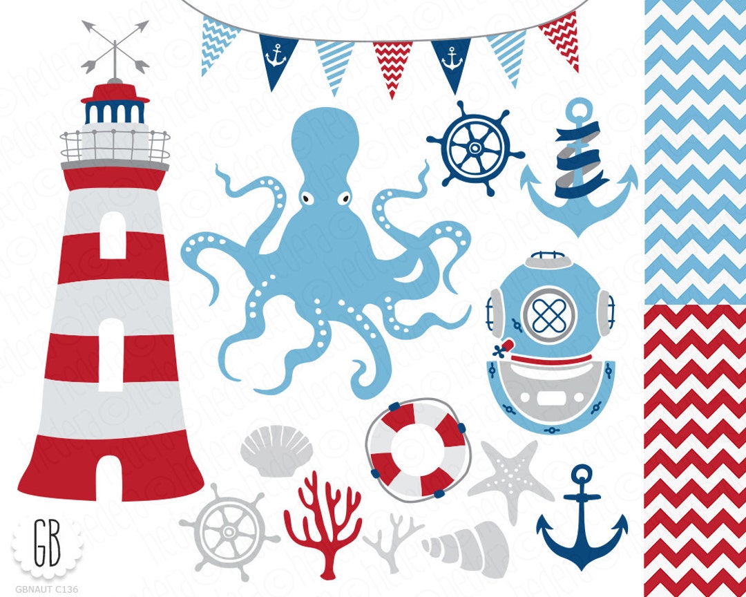 Nautical Vector Clip Art, Lighthouse, Octopus, Corals, Starfish, Diving ...