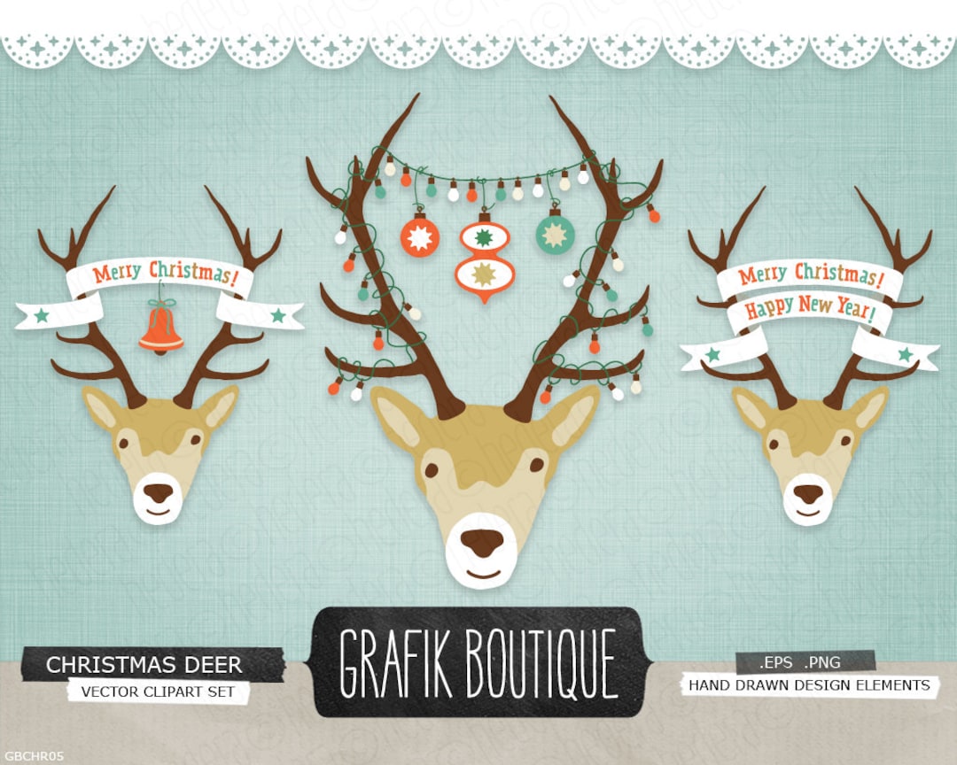 Christmas Deer Decorated Antlers Vector Clip Art, Diy Greeting Card - Etsy