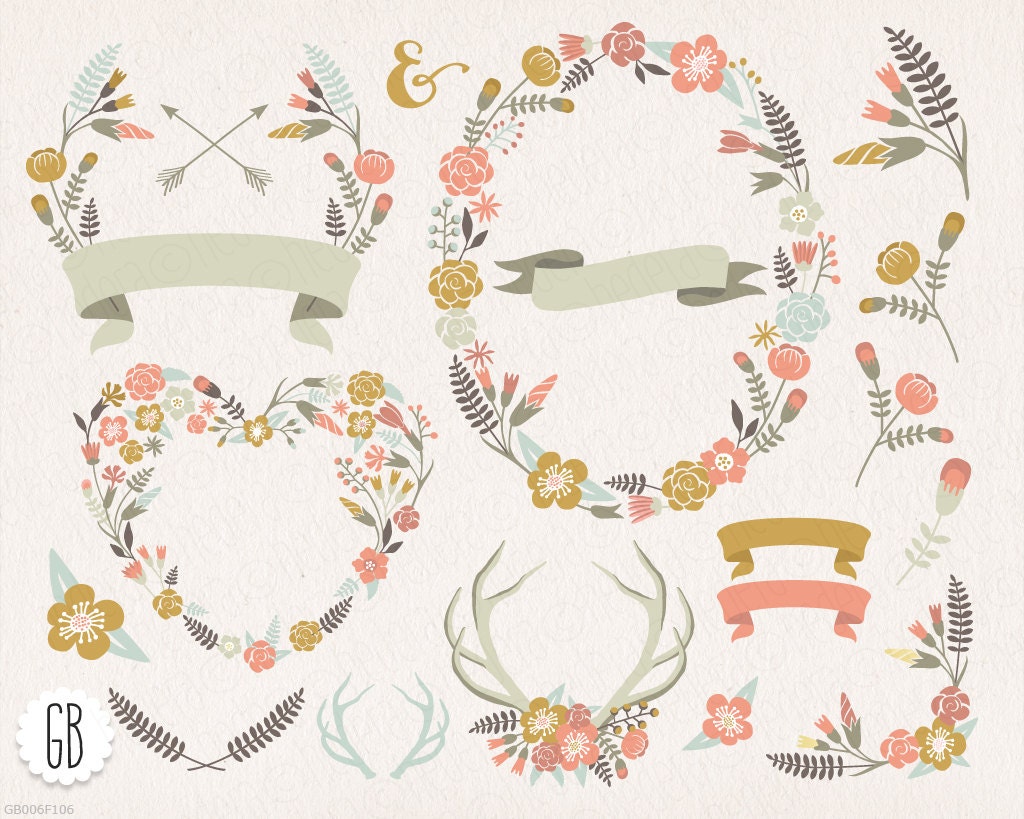 Floral Wreaths Heart Antlers Pastel Color Clip Art Vector | Etsy