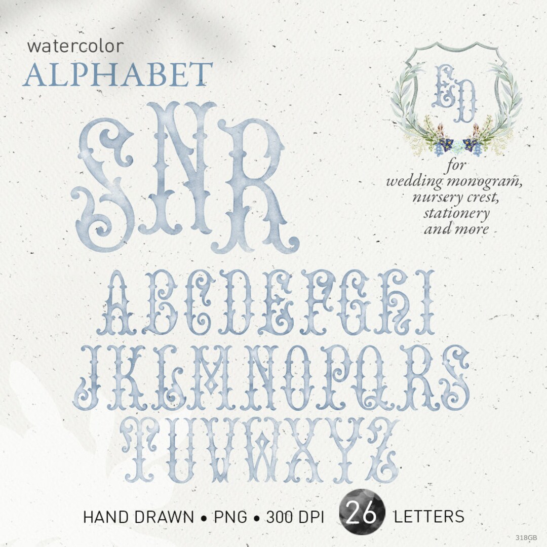 Wedding Crest Letters, Monogram Watercolor Alphabet, Vintage Blue DIY ...