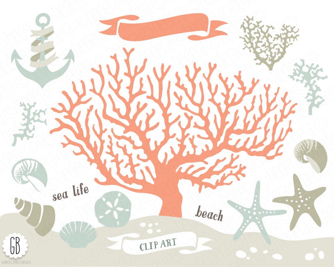 Coral Beach Sea Life Vector Clip Art, Corals, Starfish, Sand Dollar ...