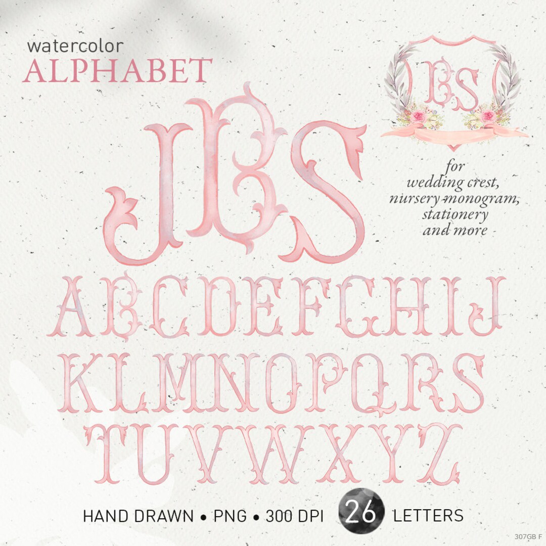 Wedding Crest Letters, Monogram Watercolor Alphabet, Vintage Nursery ...