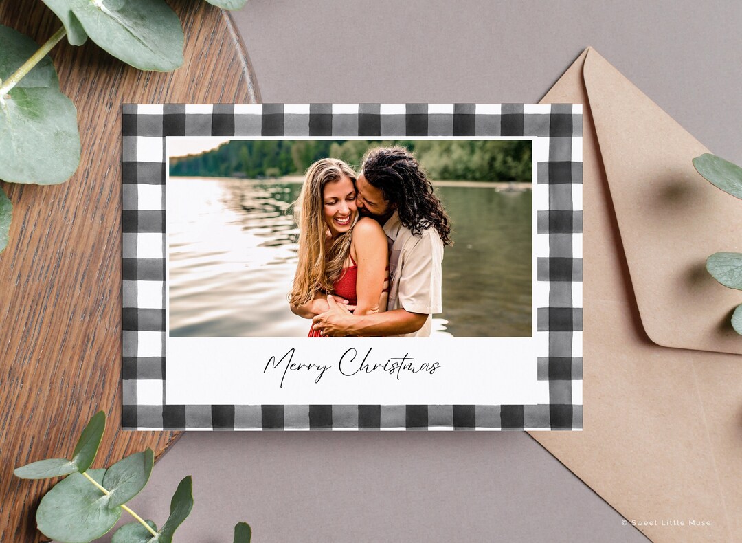 Buffalo Plaid Christmas Card Template for Canva, Editable Holiday Card ...