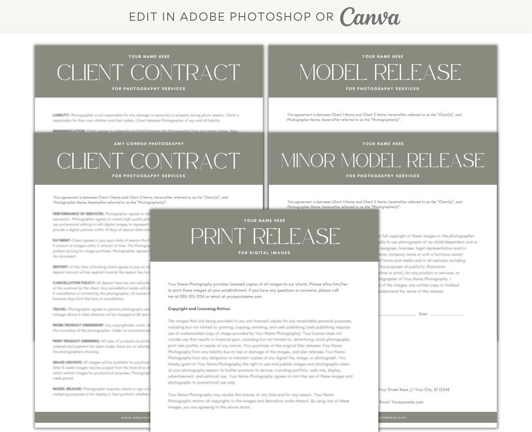 Photography Contract Template Bundle: Editable Forms (canva & Photoshop ...