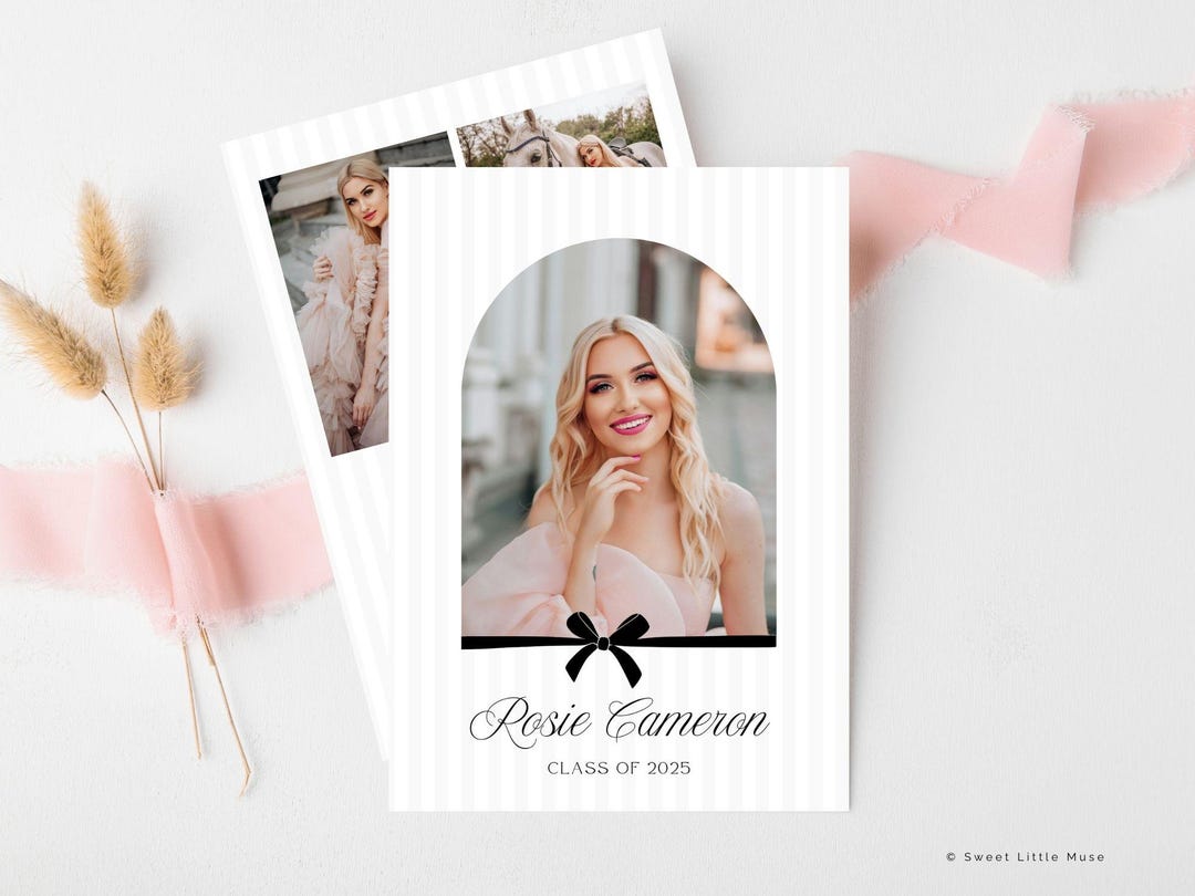 Preppy Grad Party Invite Template: Black Bow, Photo Card (canva Digital ...