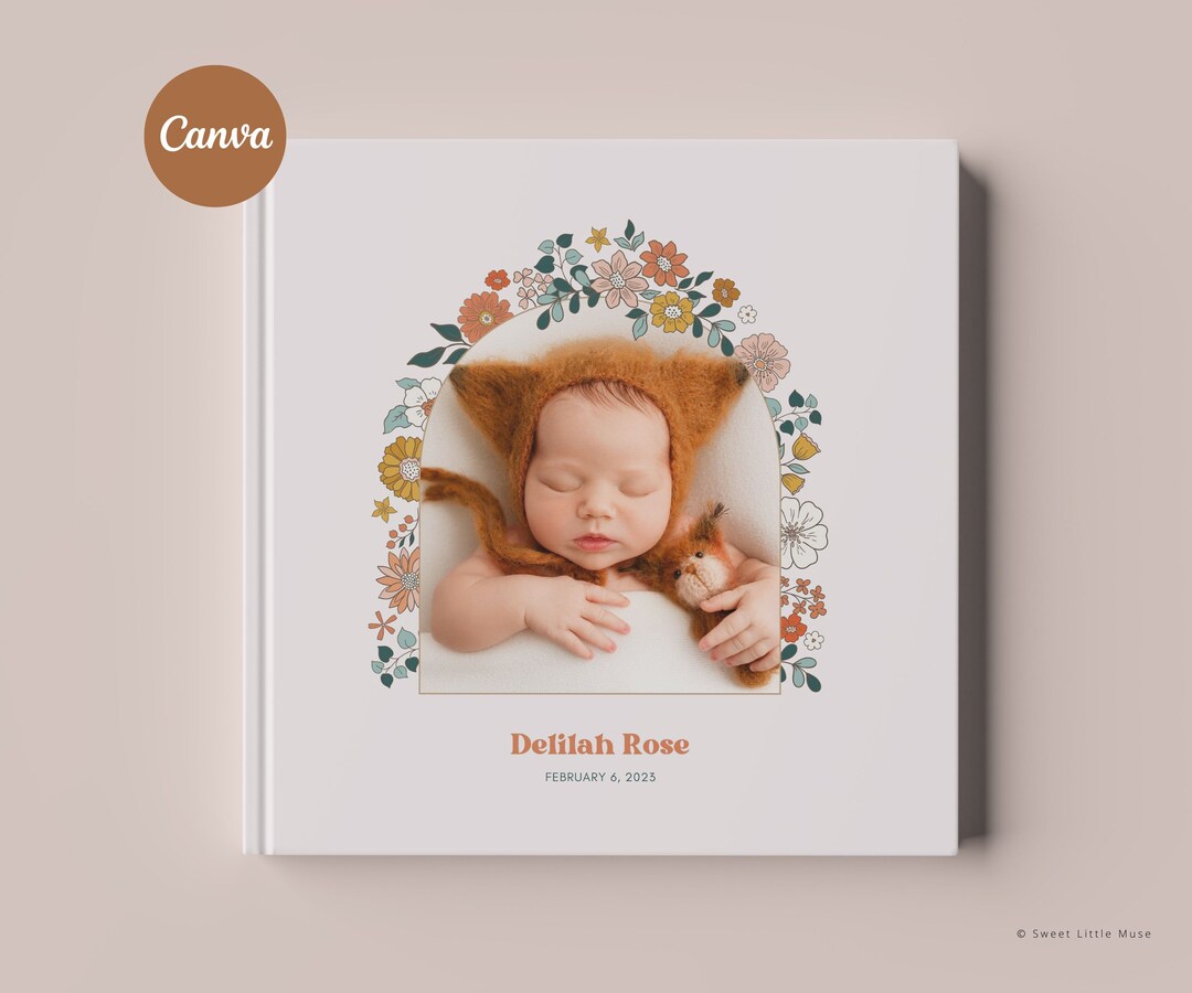 Square Baby Photo Book Template for Canva - Editable Boho Baby Album ...