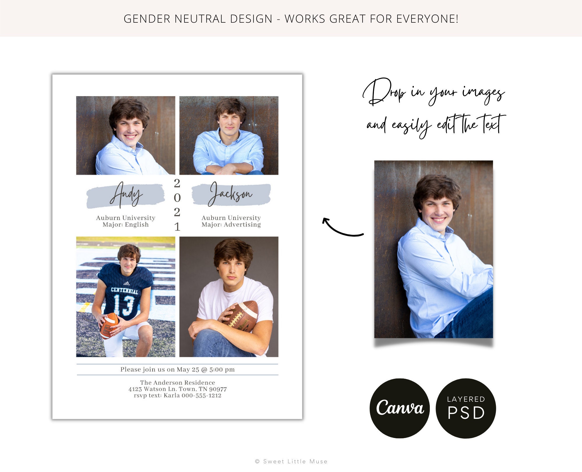 Twins Graduation Announcement Template: Senior Photo Card (photoshop ...