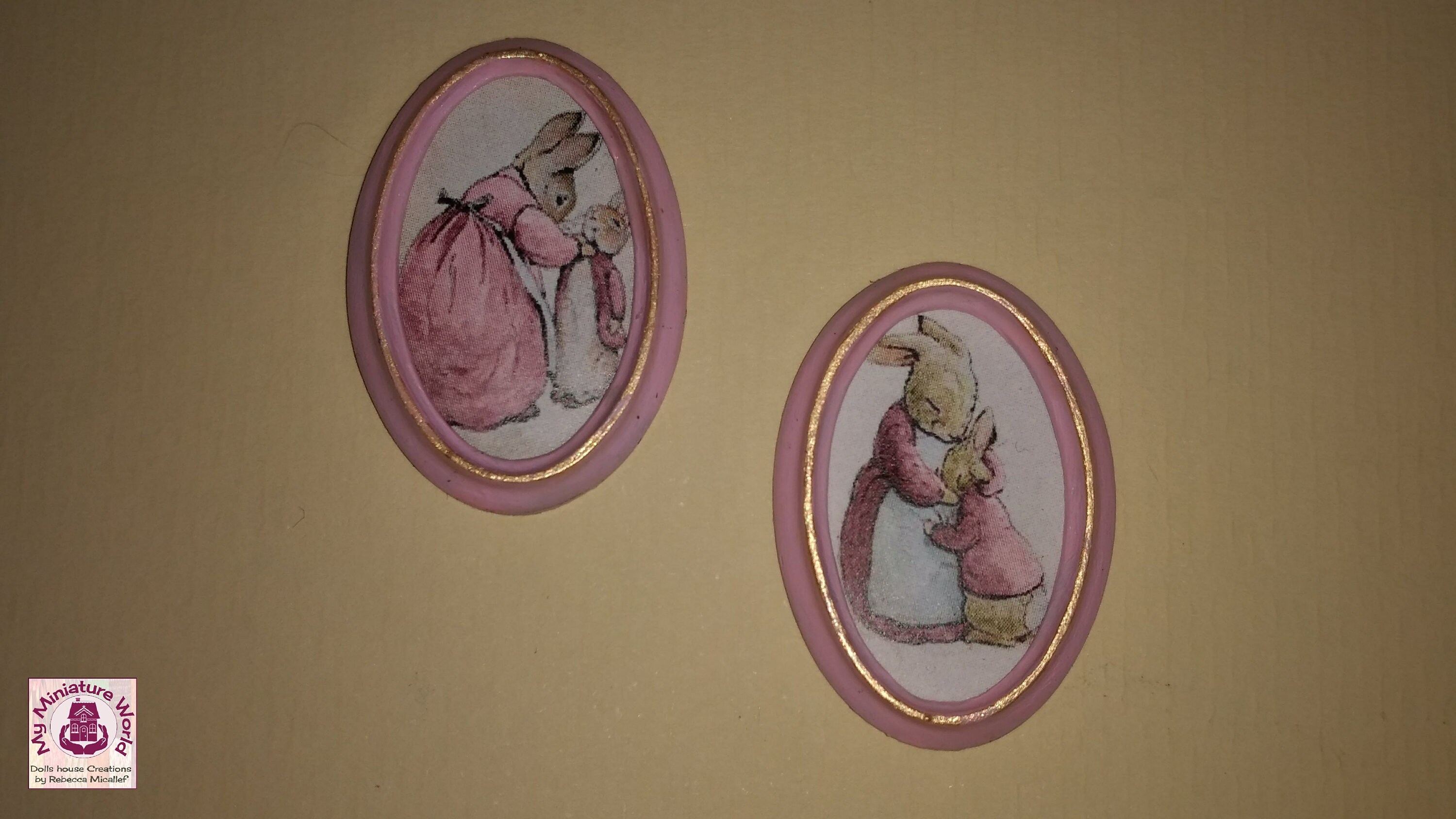12th Scale dolls house a pair of Peter Rabbit Pink Oval Picture Frames ...