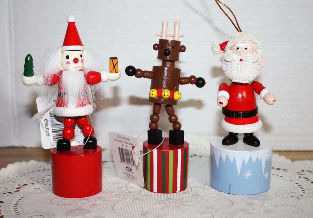 A Lot of 3 Wood Christmas Push up Toys, a Santa From Rudolph Movie, a ...