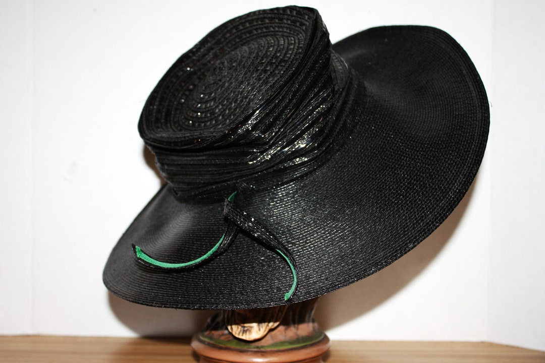 Shiny Black Raffia Straw Hat by Suzy Michelle With Wide Brim Chippy ...