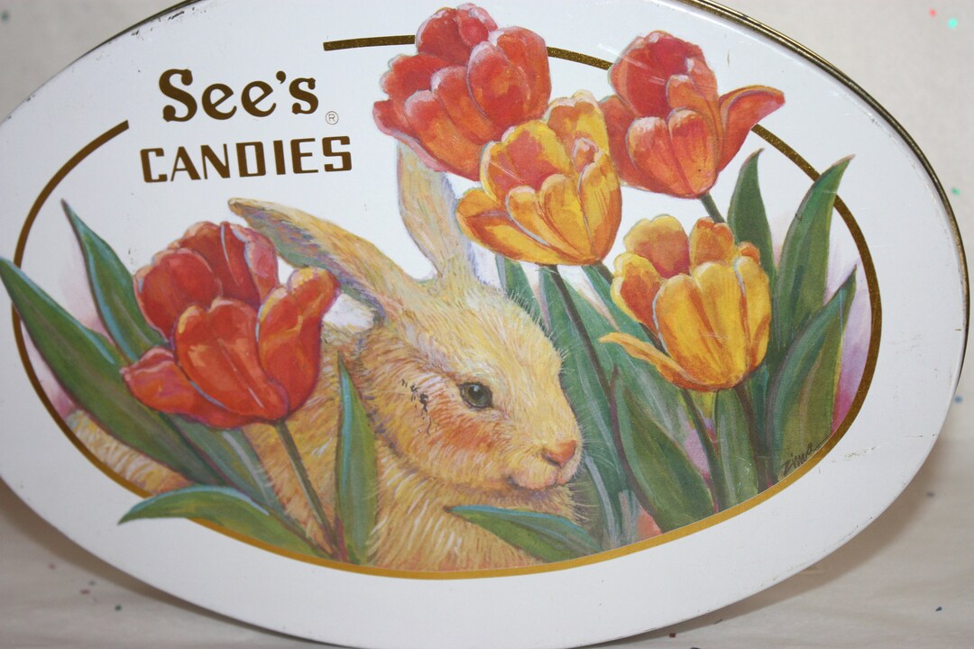 10" Wide Oval See's Candy Tin With Rabbit and Tulips, Container Made in ...