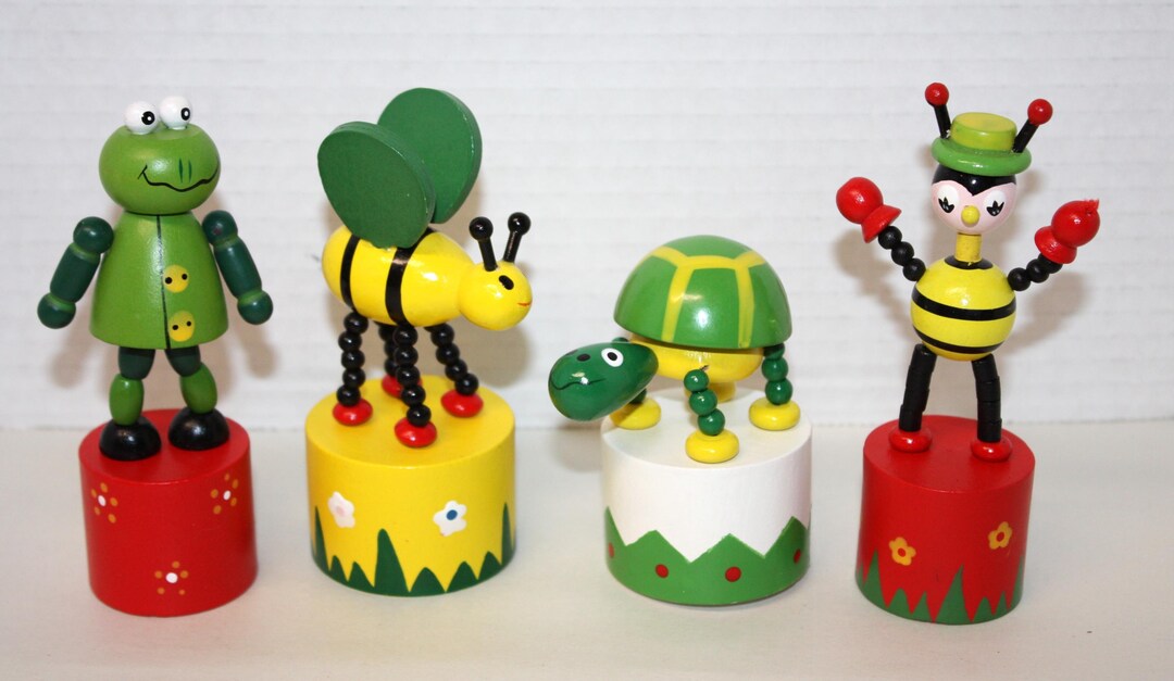 A Group of 4 Cute Wood Push up Toys, Frog Bee Turtle Butterfly, New ...
