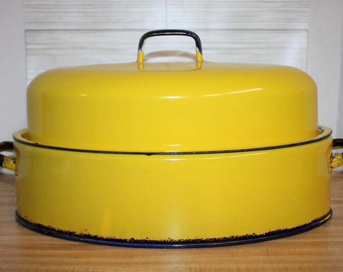 Big Bright Yellow Enamel Ware Roaster With Dark Blue Handles 14.5 by 9 ...