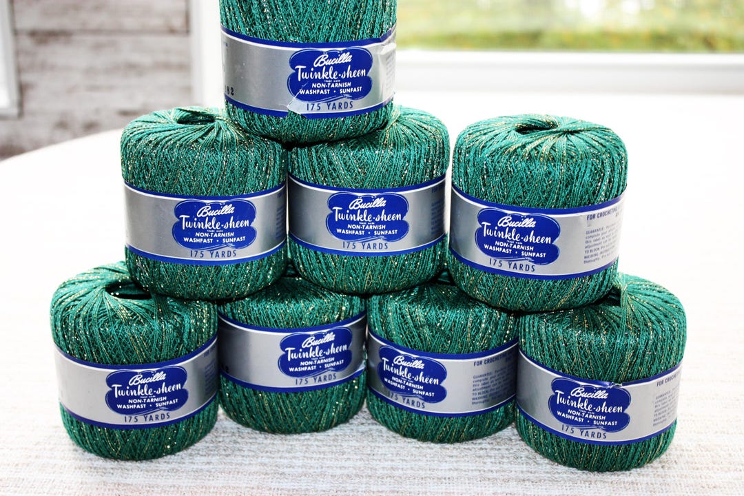 NOS Bucilla Twinkle Sheen Crochet Thread: Green With Gold Metallic (175 ...