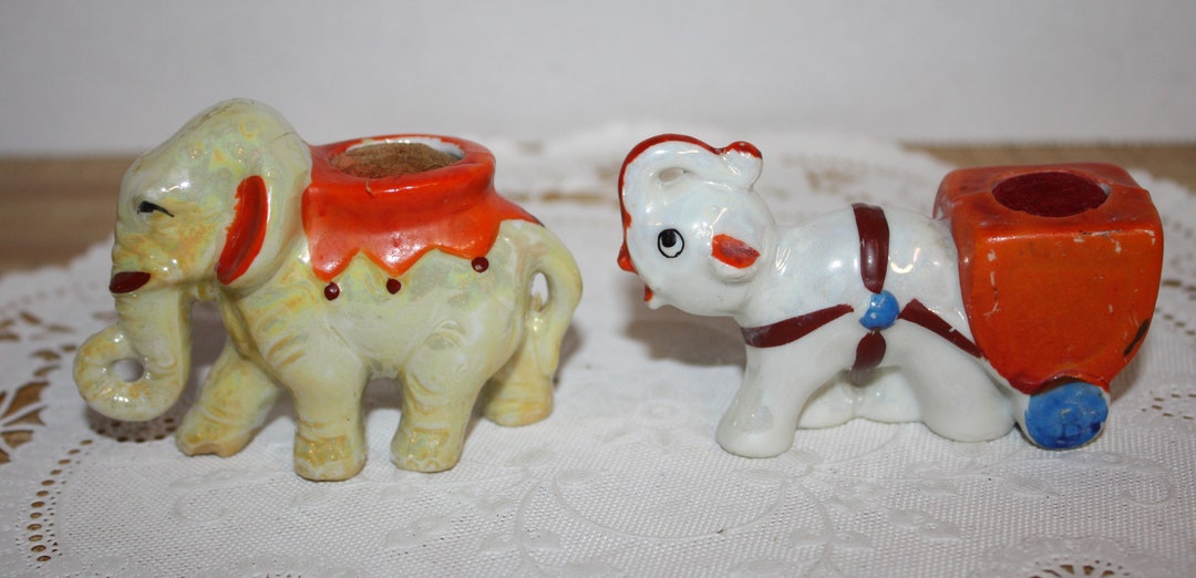 2 Small Ceramic Elephants Made in Japan Pin Cushions, Luster Yellow and ...
