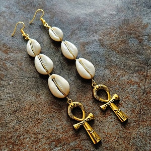Gold Ankh Triple Cowrie Shell Dangle Earrings, Egyptian, Statement ...