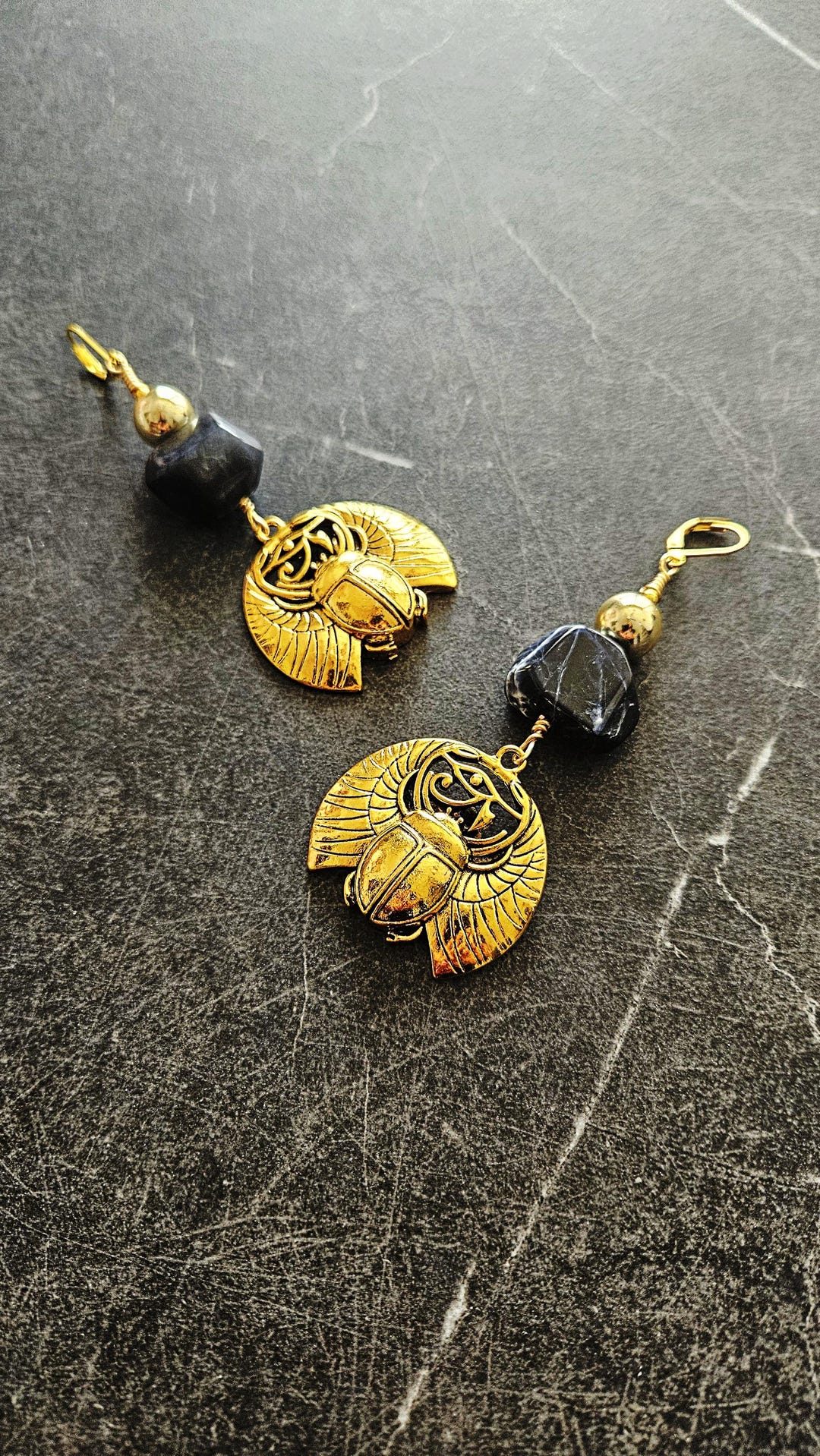 Scarab Eye of Horus Dangle Earrings: Lapis Lazuli, Gold Plated Egyptian ...