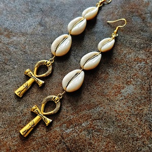 Gold Ankh Triple Cowrie Shell Dangle Earrings, Egyptian, Statement ...
