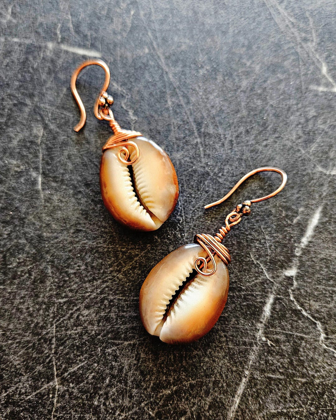 Copper Wired Snakehead Shell Earrings, Tiger, Brown Cowrie Shell ...
